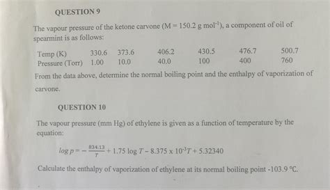 Solved The Vapour Pressure Of The Ketone Carvone M 150 2 G