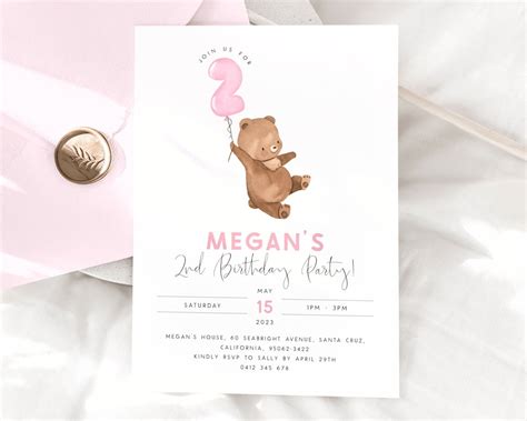 Bear 2nd Birthday Invitation Template Editable Beary Second Birthday