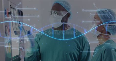 Animation Of Dna Strand And Processing Data Over Diverse Female And Male Surgeon In Discussion