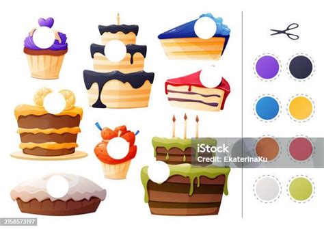 교육용 어린이 패치 게임 기본 색상 학습 아플리케 자르기 및 접착 활동 페이지 고립 된 만화 과자 케이크 및 파이 세트 0명에 대한 스톡 벡터 아트 및 기타 이미지 Istock