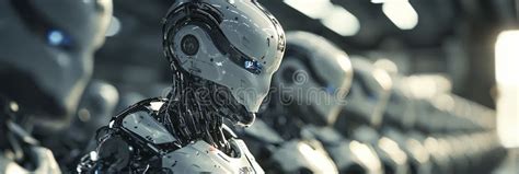 Futuristic Humanoid Robots Lined Up in Industrial Setting Stock ...