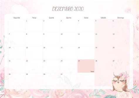 Calendario Mensal Corujinha Dezembro 2020 Fazendo A Nossa Festa