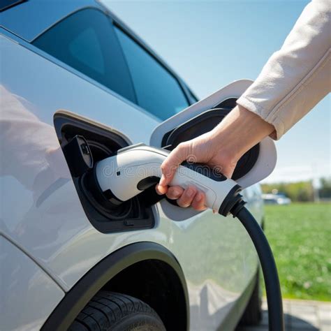 Hand Inserts Electric Plug Into Vehicles Charging Port Outdoor Setting