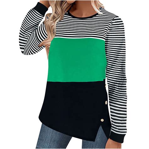 Faiwad Color Block Button T Shirts For Women Casual Round Neck Long
