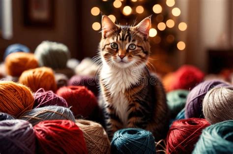 Kitty Standing In Huge Pile Of Yarn String Stock Illustration