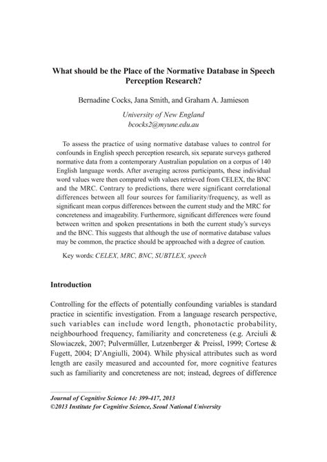 Pdf What Place The Normative Database In Speech Perception Research