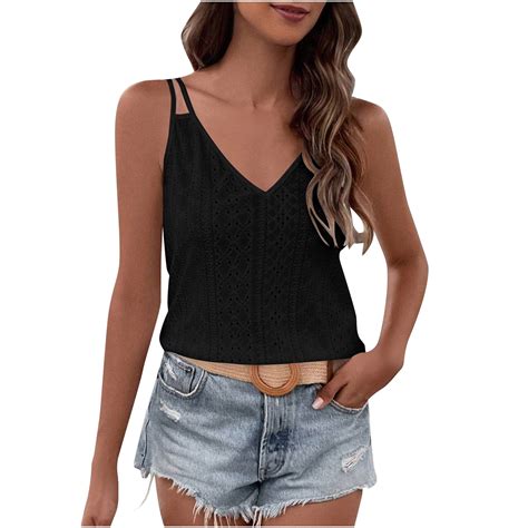 Fanxing Eyelet Tank Tops For Women Sleeveless Cutout V Neck Tanks