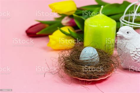 봄 엽서 이끼 새 새 신선한 튤립의 꽃다발 분홍색 배경에 녹색 촛불이있는 둥지에서 부활절 달걀 부활절 개념 플랫 상단 뷰 복사
