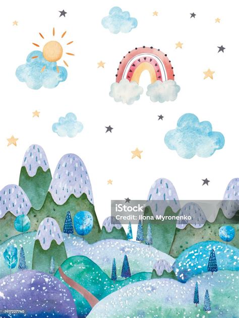 풍경 요소가있는 귀여운 유치한 수채화 그림 자연 클립 아트 0명에 대한 스톡 벡터 아트 및 기타 이미지 0명 가을 개체 그룹 Istock