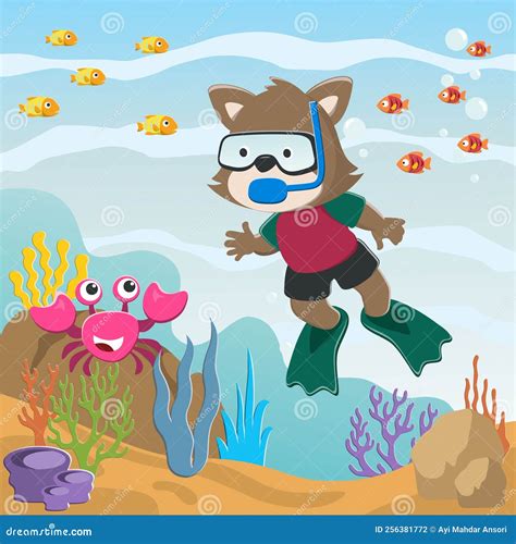 Little Bear Diving In Undersea Adventure On A Background Of Beautiful