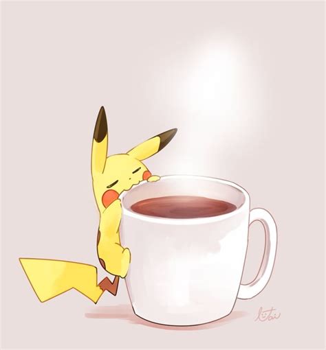 Cute Pikachu Cartoon With Coffee