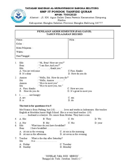 Soal Uas Bahasa Inggris Kelas 7 Pdf