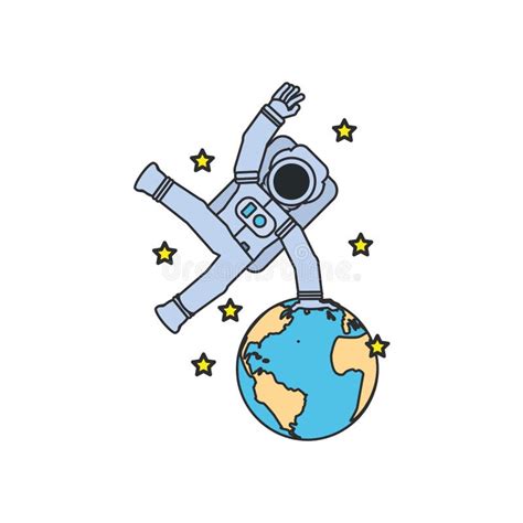 Astronaut Suit Jumping With Planet Earth And Set Stars Stock