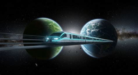 A Futuristic Train Is Seen Traveling Through Space Flanked By Two