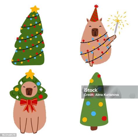 플랫 스타일의 크리스마스 트리가 있는 귀여운 카피바라 메리 크리스마스와 새해 인사말 카드에 대 한 Capybara 벡터 일러스트 레이 션 가축에 대한 스톡 벡터 아트 및