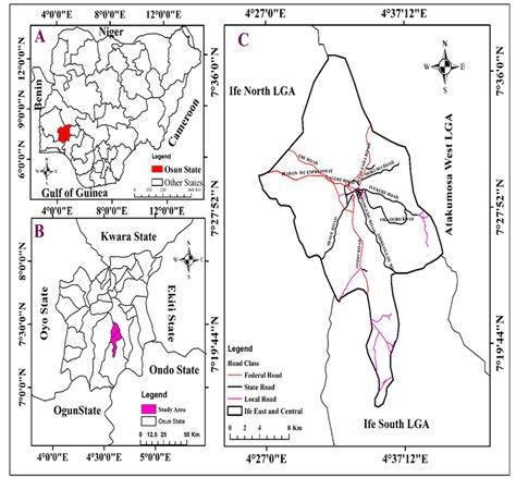 A Map Of Nigeria Showing Osun State B Map Of Osun State Showing Ife