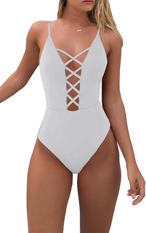Fatty Tiger Women Sexy One Piece Bathing Suit Spaghetti Strap Crisscross Swimsuit Plunge V Neck