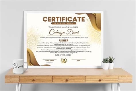 Customizable Usher Appreciation Certificate Church Recognition Award