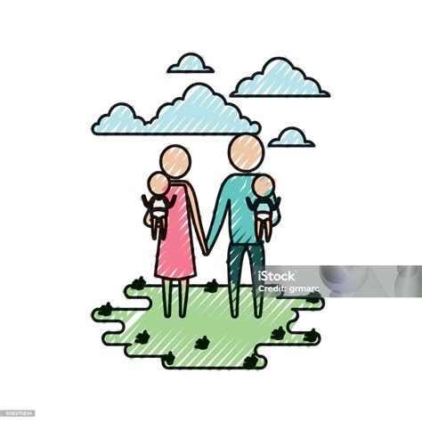 그림 여자와 크레용 실루엣 하늘 풍경과 잔디 색상 하 고는 아기를 운반 하 고 손을 잡고 남자 가족에 대한 스톡 벡터 아트 및