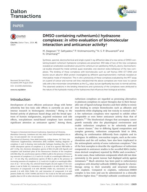 Pdf Dmso Containing Rutheniumii Hydrazone Complexes In Vitro