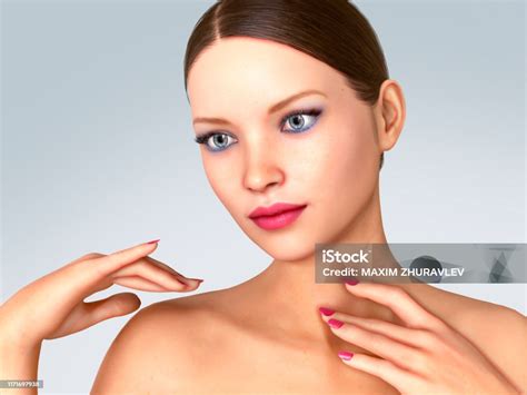 뷰티 여자 얼굴 초상화입니다 완벽 한 신선한 깨끗 한 피부 색상 3d 일러스트와 아름 다운 모델 소녀 3차원 형태에 대한 스톡 사진 및 기타 이미지 Istock