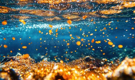 Underwater Scene With Golden Particles And Shimmering Water Surface