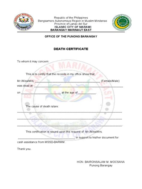Brgy Death Certificate Pdf