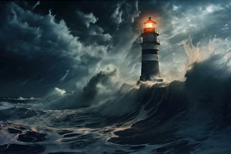 Turbulent Sea Storm Lighthouse Generate Ai