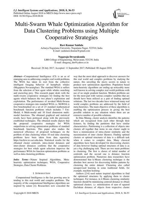 Pdf Multi Swarm Whale Optimization Algorithm For Data Clustering