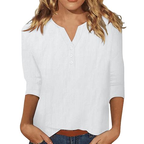 Aidice Cotton Linen T Shirts For Women Casual Notched V Neck 34 Sleeve
