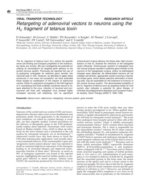 Pdf Retargeting Of Adenoviral Vectors To Neurons Using The Hc Fragment Of Tetanus Toxin