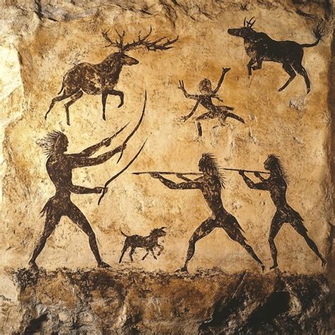 Visual Of Prehistoric Art Depicting A Hunting Scene With Early Humans