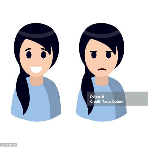 검은 머리의 여자 소녀 감정의 집합 머리에 피그테일 기쁨과 슬픔 소셜 네트워크 아바타에 대한 파란색 옷을 귀여운 여성 캐릭터