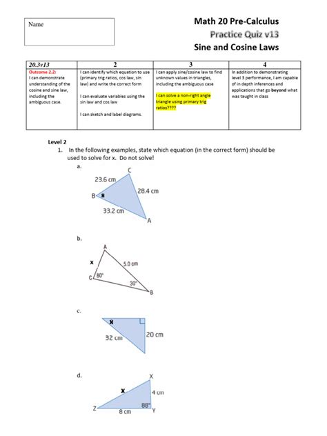 22 Practice Quiz V13 Pdf Trigonometric Functions Triangle