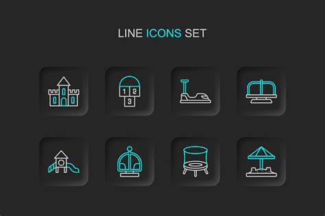 모래 점프 트램펄린 어트랙션 회전 목마 슬라이드 놀이터 범퍼 홉 스카치 및 성 아이콘으로 샌드 박스를 설정하십시오 벡터 거리에 대한 스톡 벡터 아트 및 기타 이미지 Istock