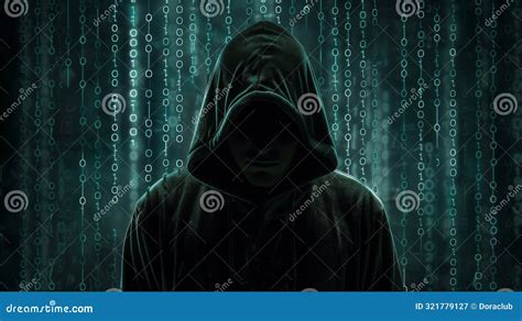 A Shadowy Figure In A Hood Stands Before A Cascade Of Binary Numbers