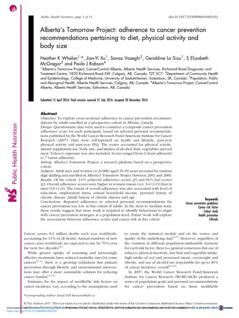 Pdf Albertas Tomorrow Project Adherence To Cancer Prevention