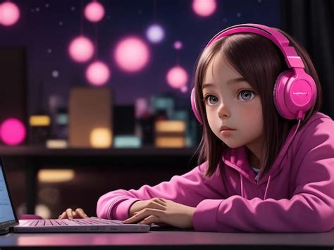 Premium Photo Girl In Headphones With A Laptop