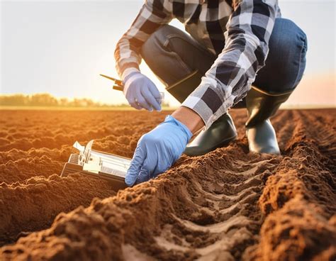 Farmer Checking Soil Quality With Soil Sample Kit Premium Ai