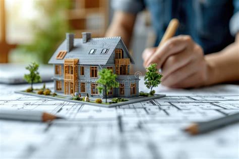 Architects Working With Blueprint And Mockup House Generative Ai Stock