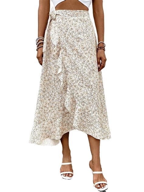 Boho Ditsy Floral Wrap Skirts Apricot Women Skirts