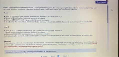 Solved Check My Work Liang Company Began Operations In Year Chegg