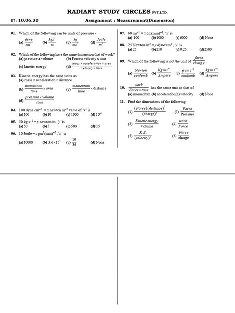 Measurement Dimensions Assignment 1 Pdf Force Momentum