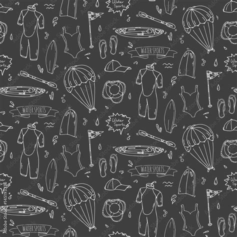 Seamless Pattern Hand Drawn Doodle Water Sports Icon Set Vector