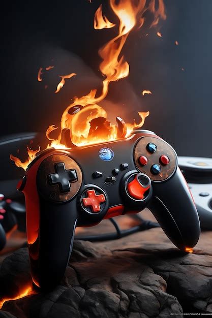 Premium Photo Gaming Controller In The Air Burnning In Fire Fire