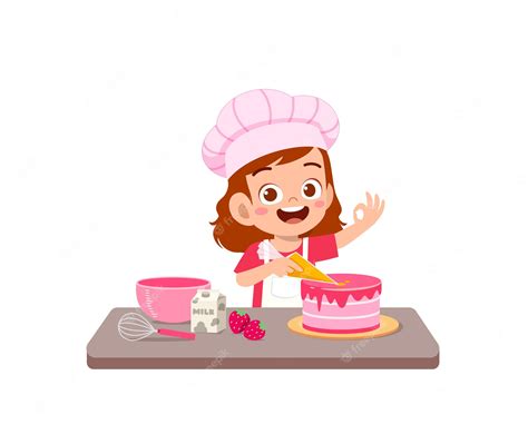 행복 한 귀여운 꼬마 소녀 요리사 유니폼을 입고 생일 케이크 요리 프리미엄 벡터
