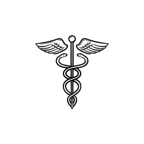 Caduceus 의료 기호 손으로 그린 개요 낙서 아이콘입니다 의료용 뱀 날개 지팡이는 의학 시스템과 건강 관리 개념입니다