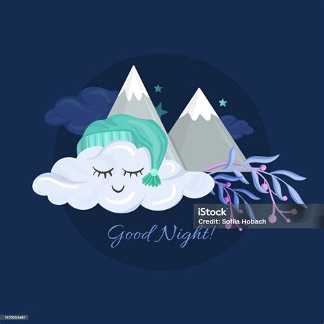 모자를 쓴 귀여운 구름이 자고 있습니다 그 뒤에는 우아한 식물이 있는 산이 있습니다 개념에 대한 스톡 벡터 아트 및 기타 이미지 개념 구름 귀여운 Istock