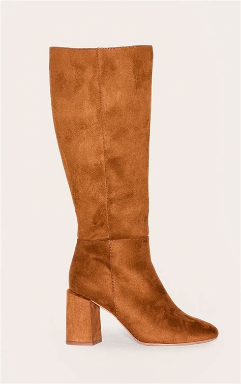 Tan Wide Fit Round Toe Block Heel Knee High Boots Footwear