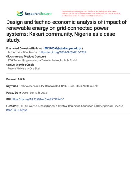 Pdf Design And Techno Economic Analysis Of Impact Of Renewable Energy On Grid Connected Power